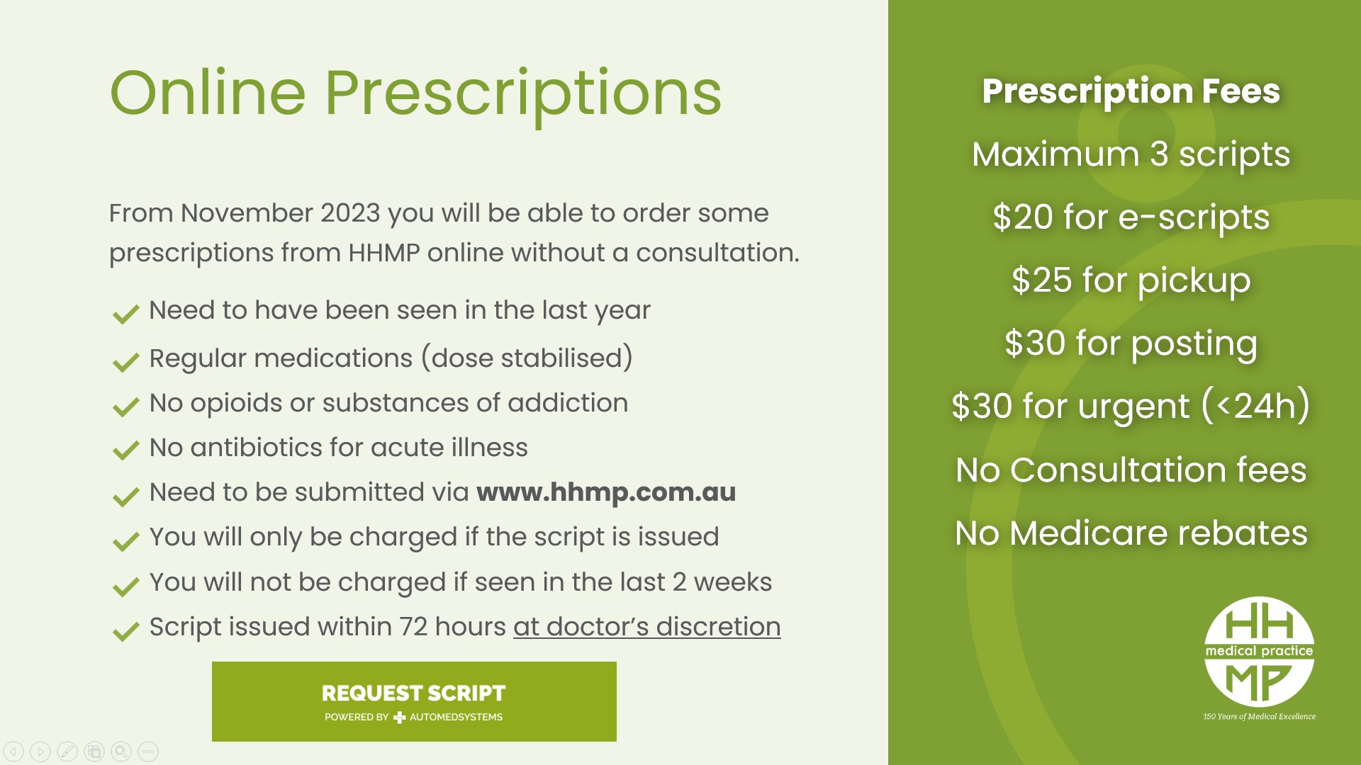 telehealth (phone/video), scripts and referrals Fees 1 Nov